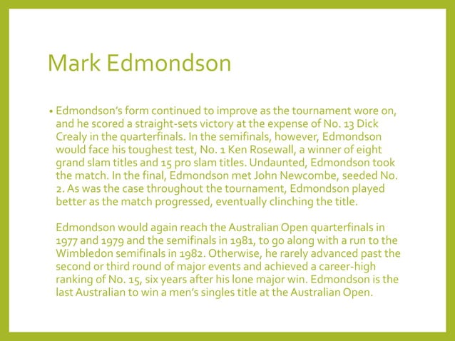 Mark Edmondson's Memorable 1976 Australian Open Win | PPTX | Tennis ...
