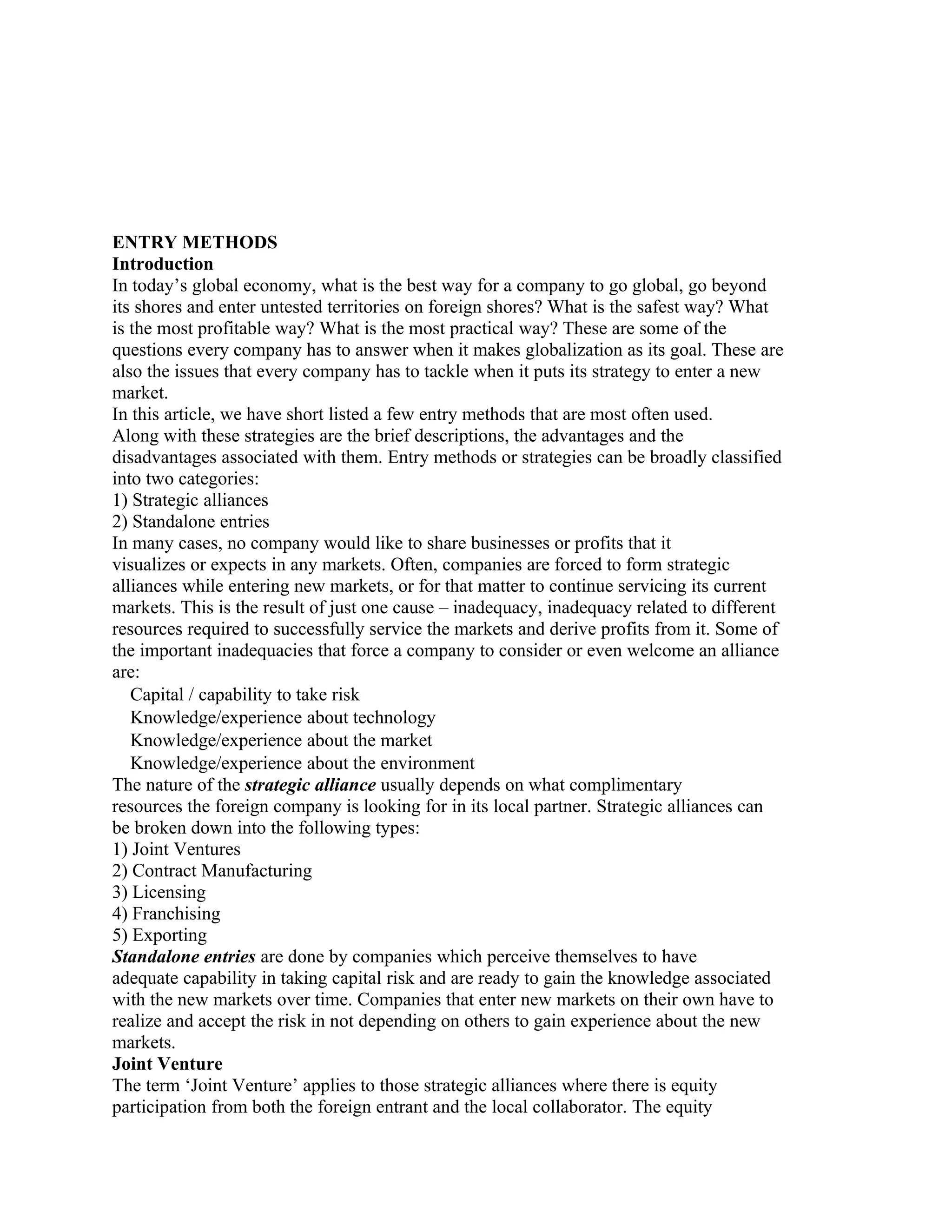 Market entry strategy | DOC | Mergers and Acquisitions | Business ...