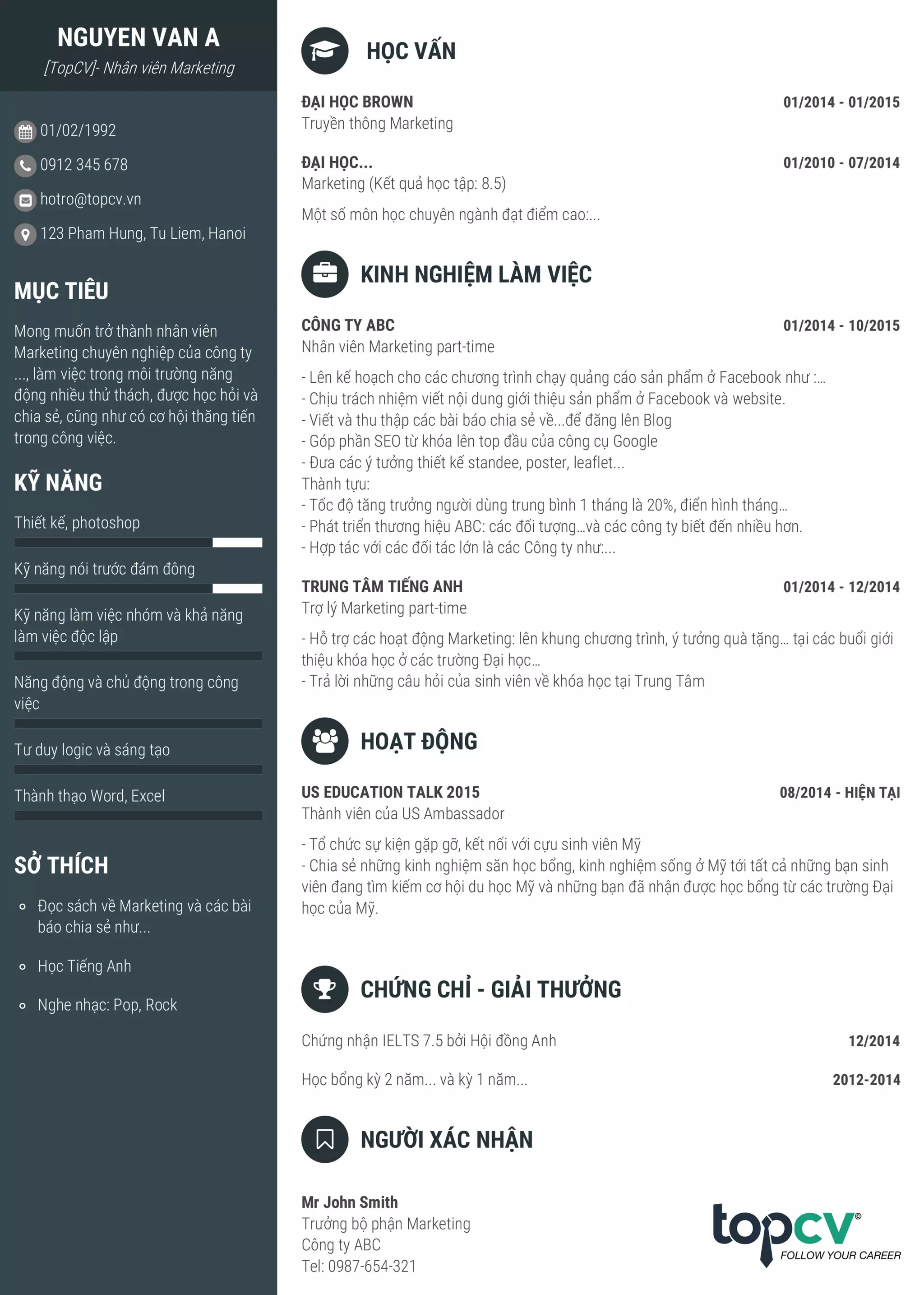 [TopCV] Mẫu CV xin việc dành cho Nhân viên Marketing | PDF