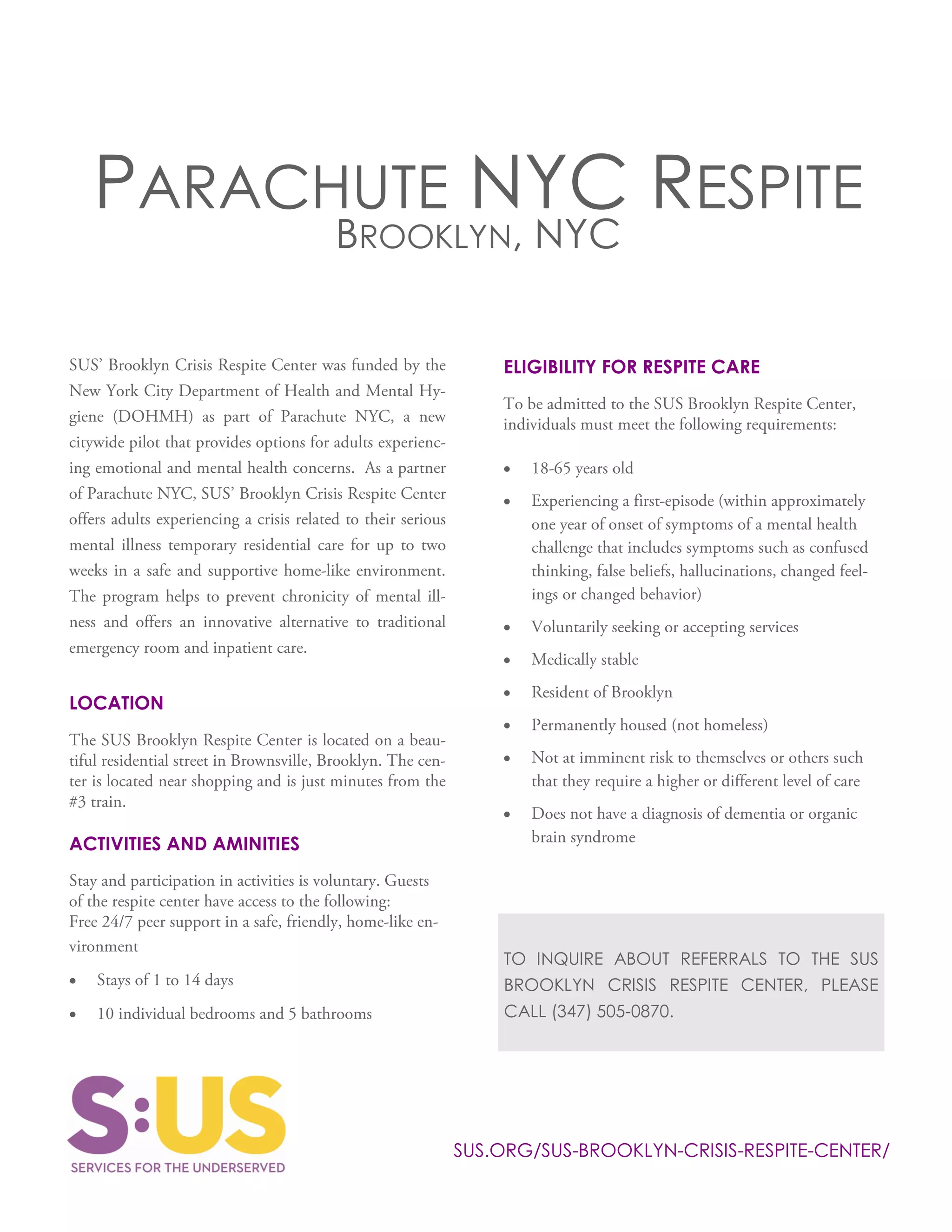Parachute NYC and SUS' Brooklyn Crisis Respite Center | PDF