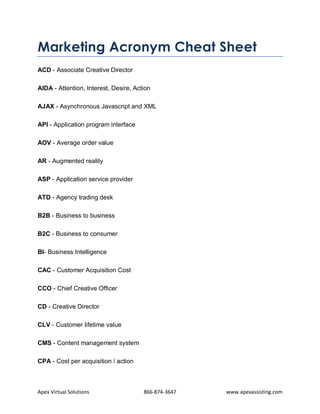 Marketing and Digital Acronym Cheat Sheet | PDF