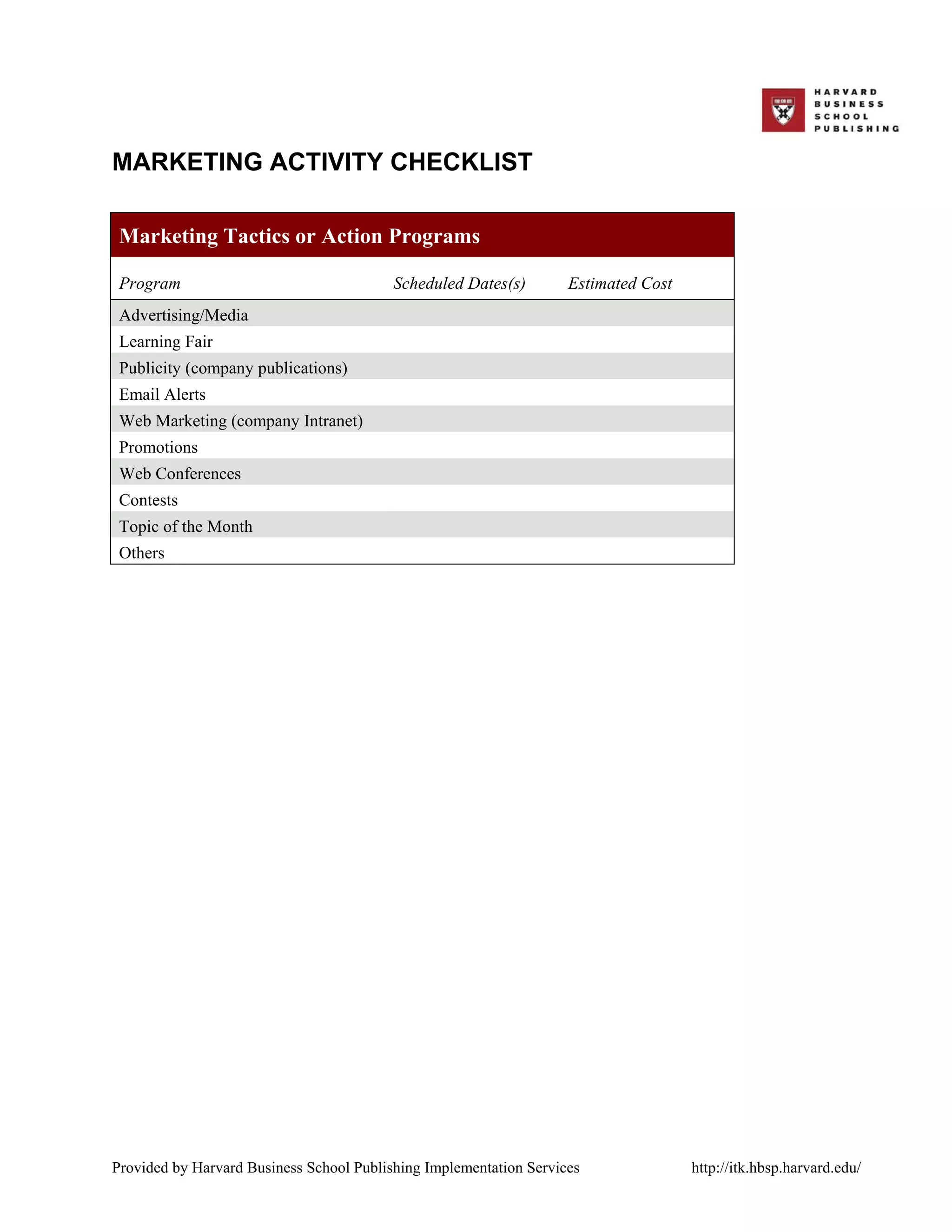 HMM Marketing activity checklist | PDF