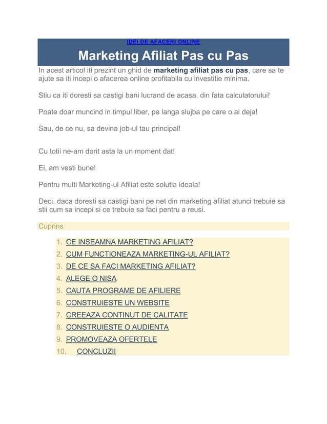 Marketing afiliat pas cu pas PDF - Ghid pentru incepatori | PDF