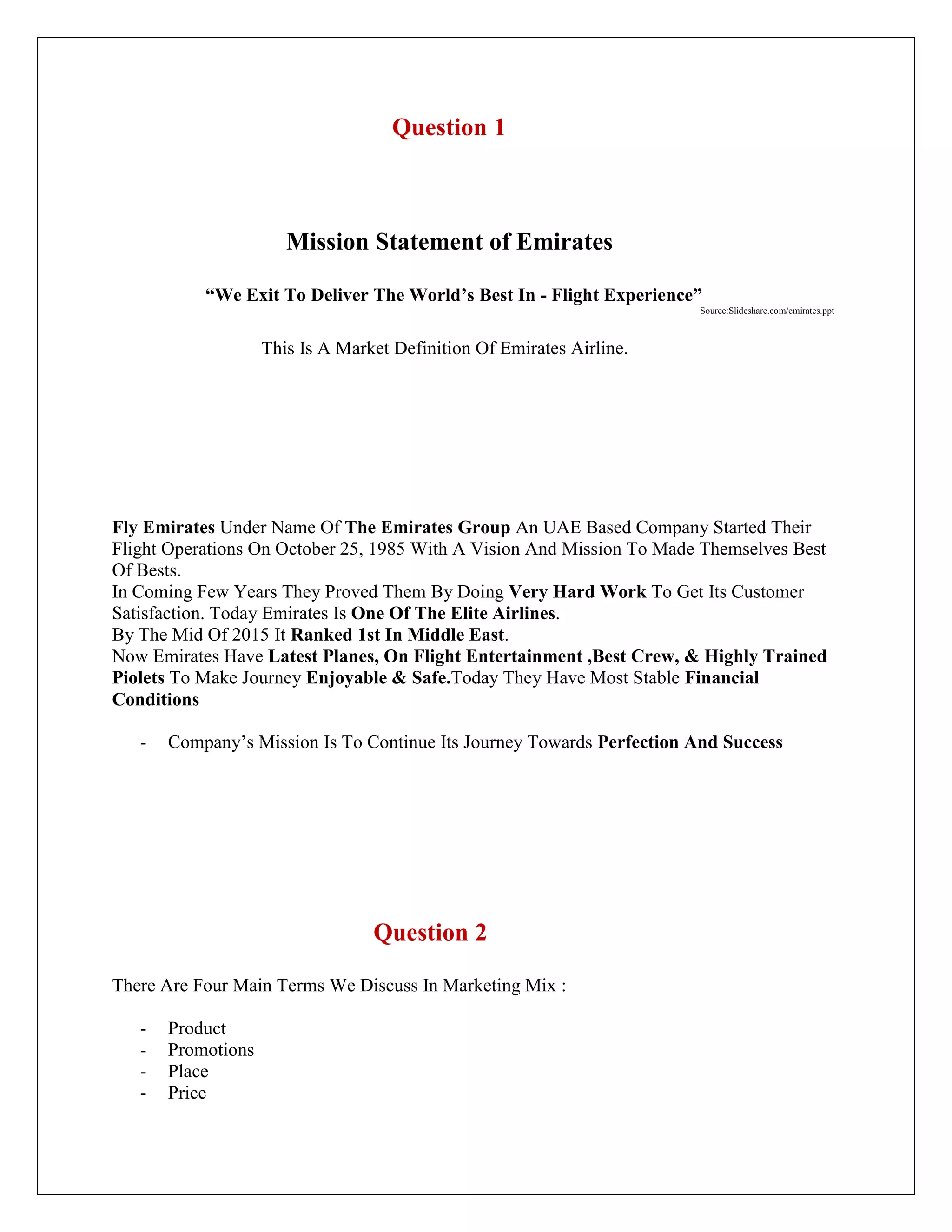 SWOT Analysis & Marketing Mix Of Emirates Airline | PDF