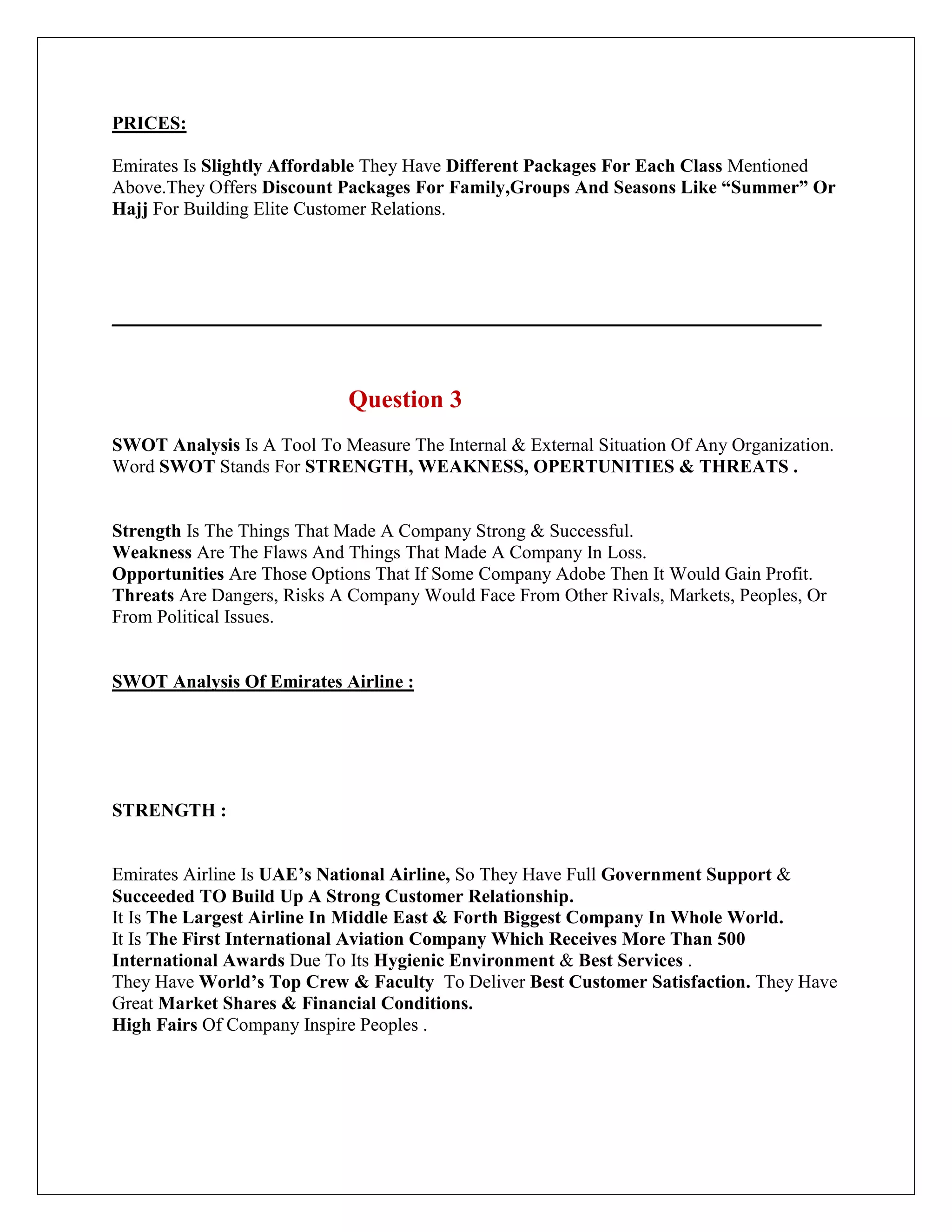 SWOT Analysis & Marketing Mix Of Emirates Airline | PDF