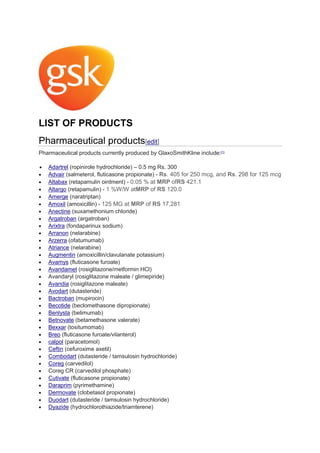 Glaxosmithkline Product List