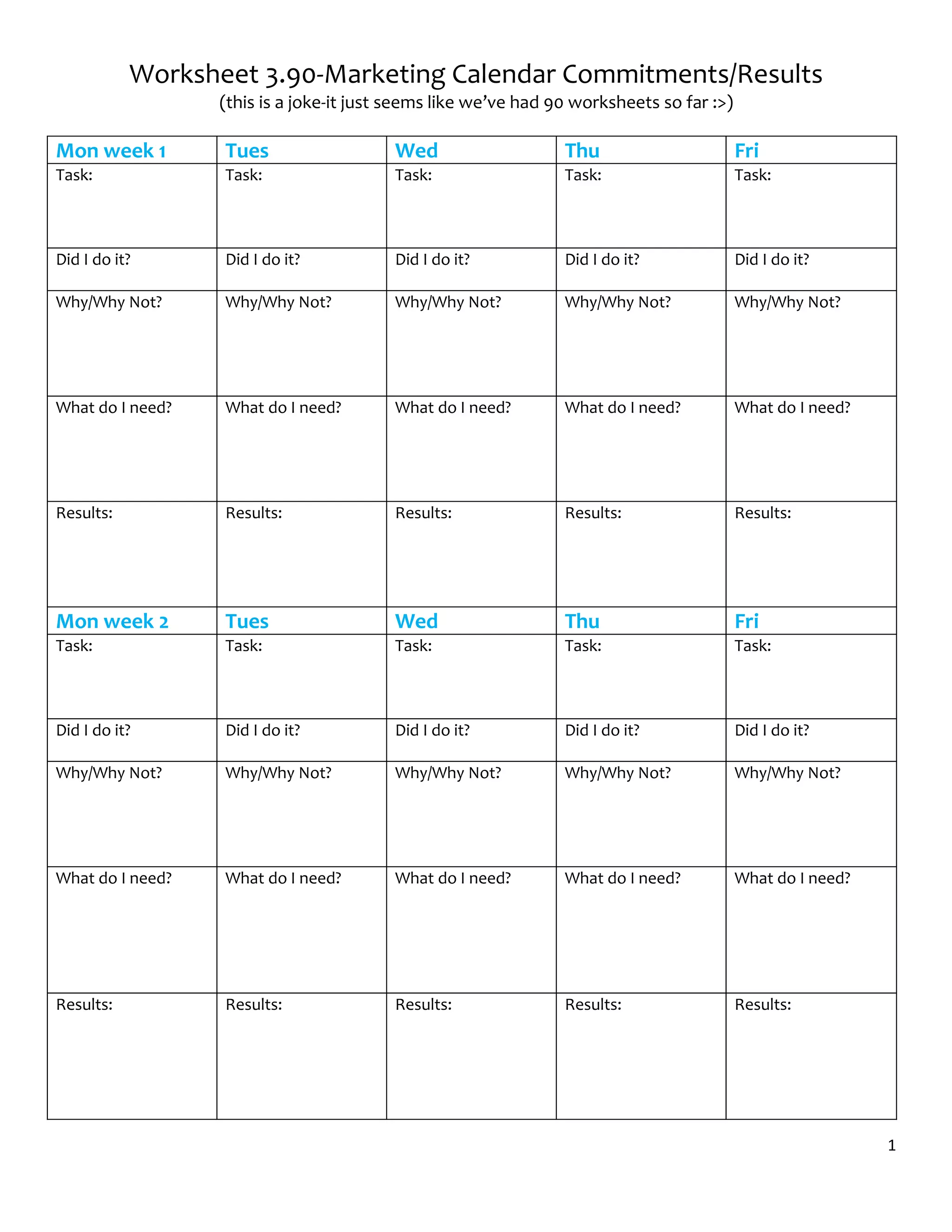 Marketing calendar commitments results worksheet | DOC