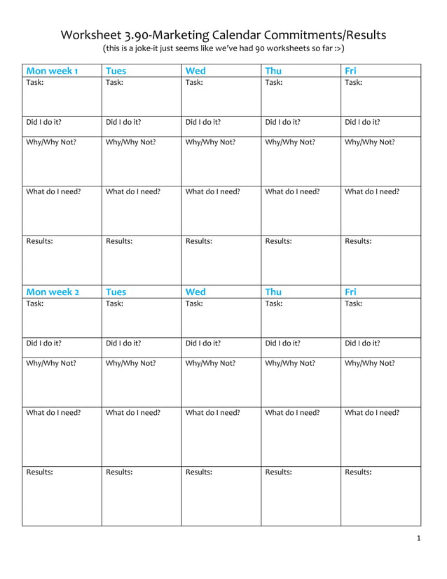 Marketing calendar commitments results worksheet | DOC