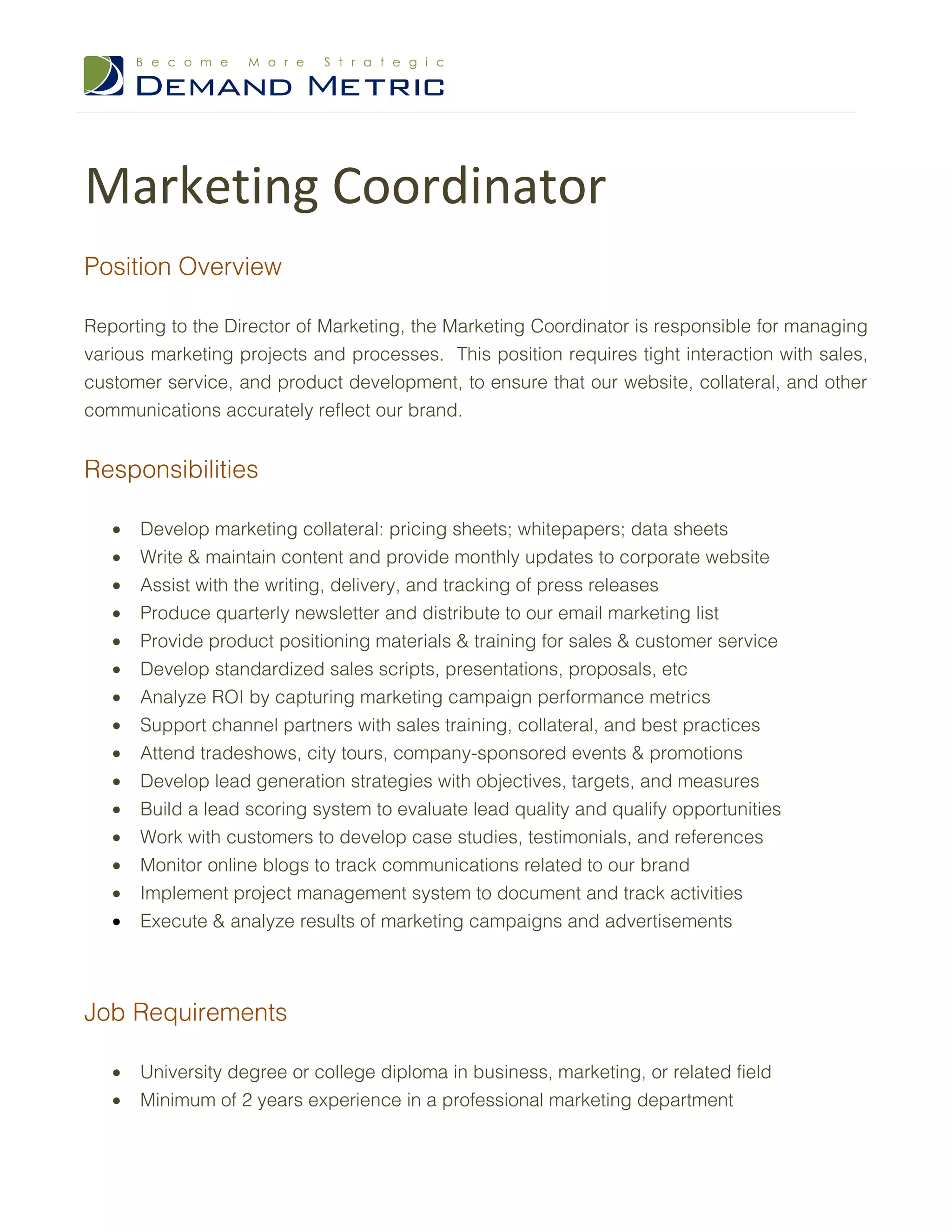 Marketing Coordinator Job Description | DOC