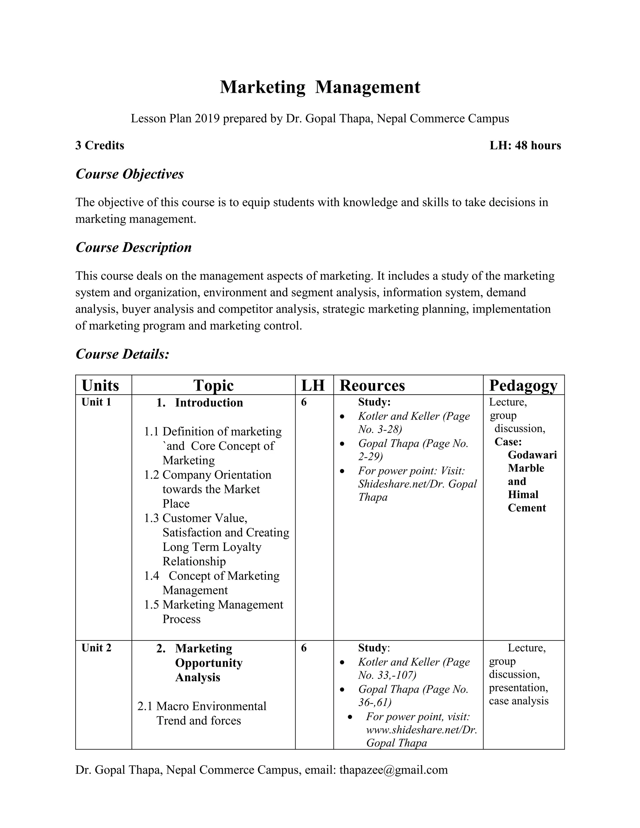 Marketing management Lesson Plan | PDF