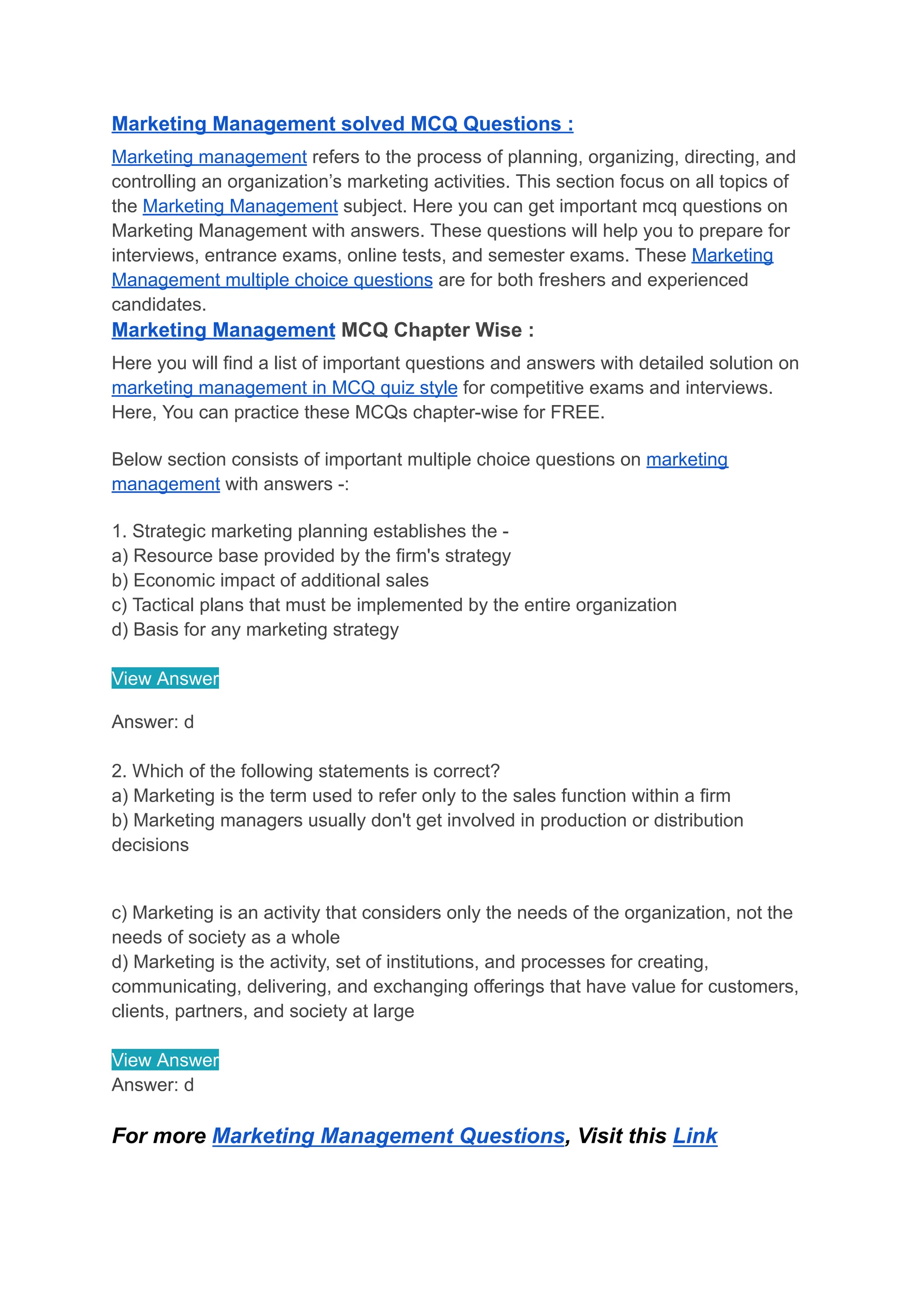 Marketing Management Questions and Answers | PDF