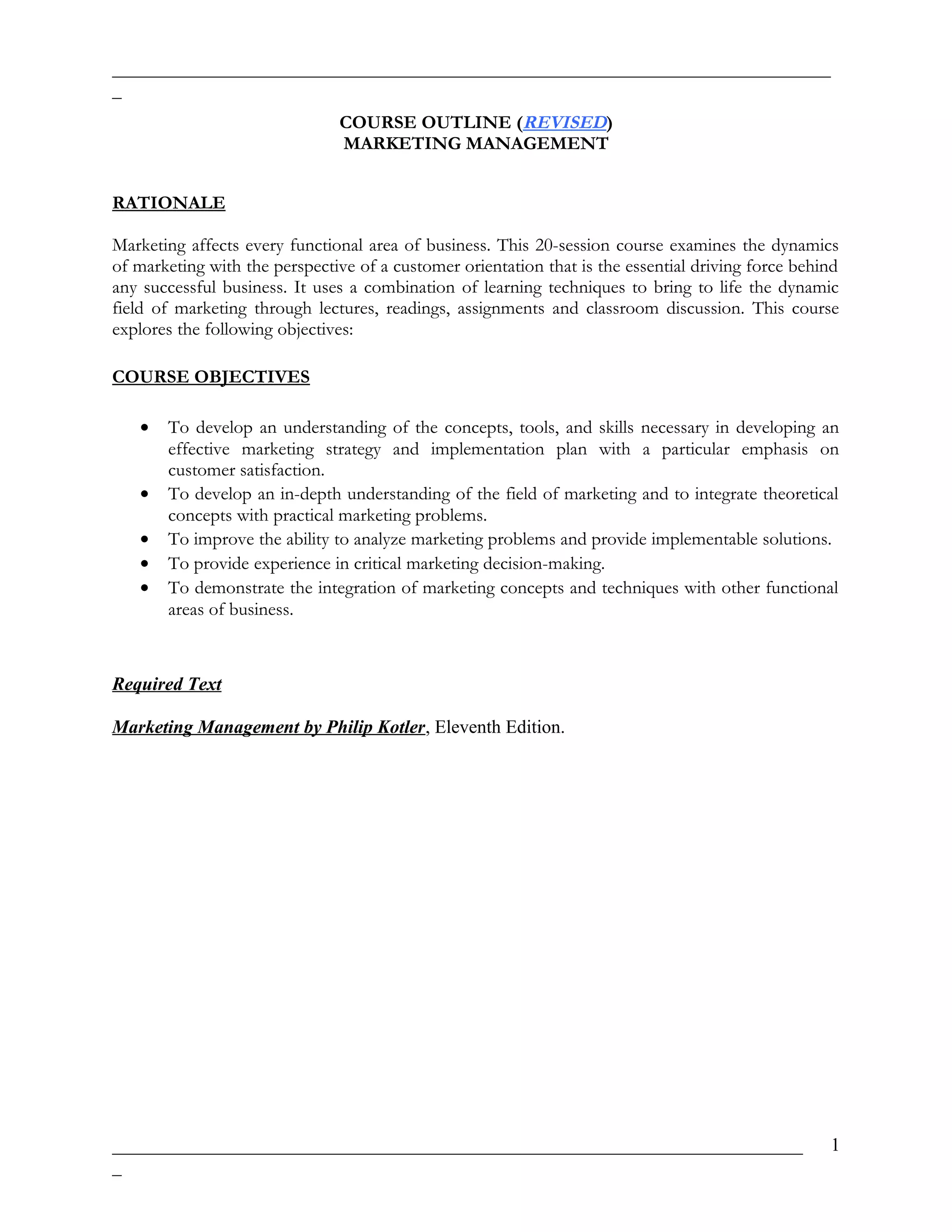 Marketing management -- course outline | DOC
