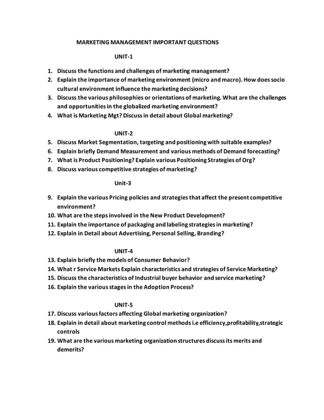 Marketing management important questions | DOCX | Business ...