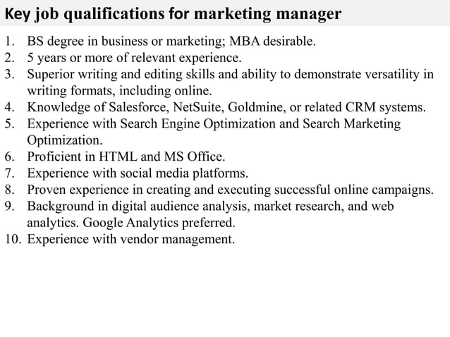 Marketing manager job description | PPTX | Resume Writing and Advice ...