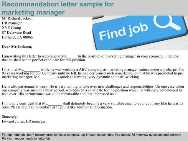 Marketing manager recommendation letter | PPT | Free Download