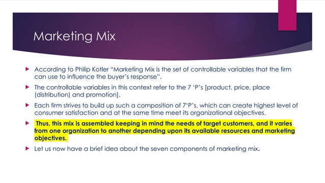 Marketing Mix / 7 P's of marketing / Meaning of marketing mix | PPT