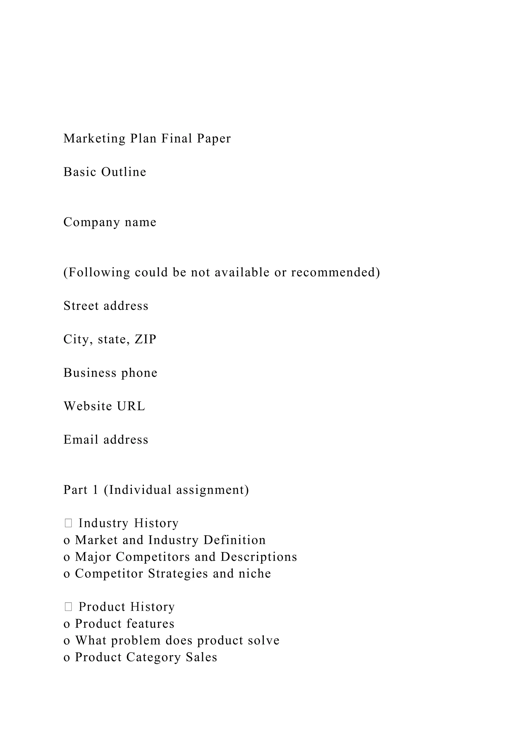 Marketing Plan Final Paper Basic Outline Company n.docx