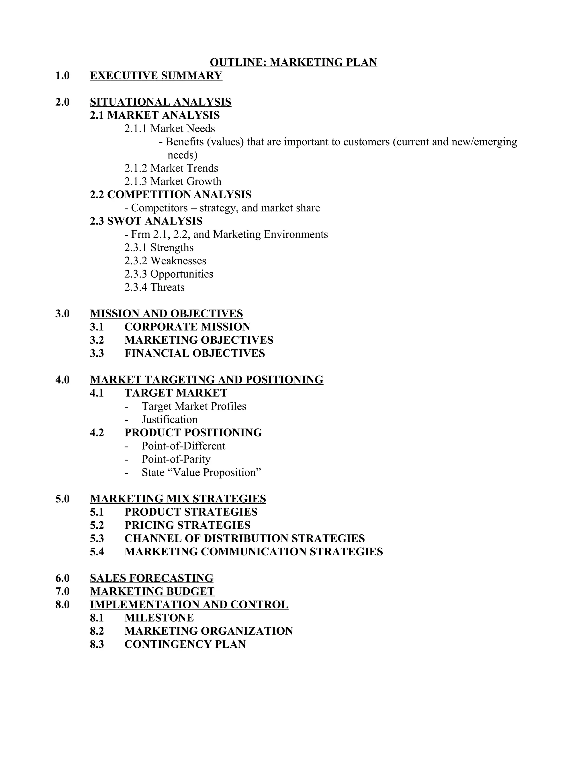 Marketing plan outline | DOC