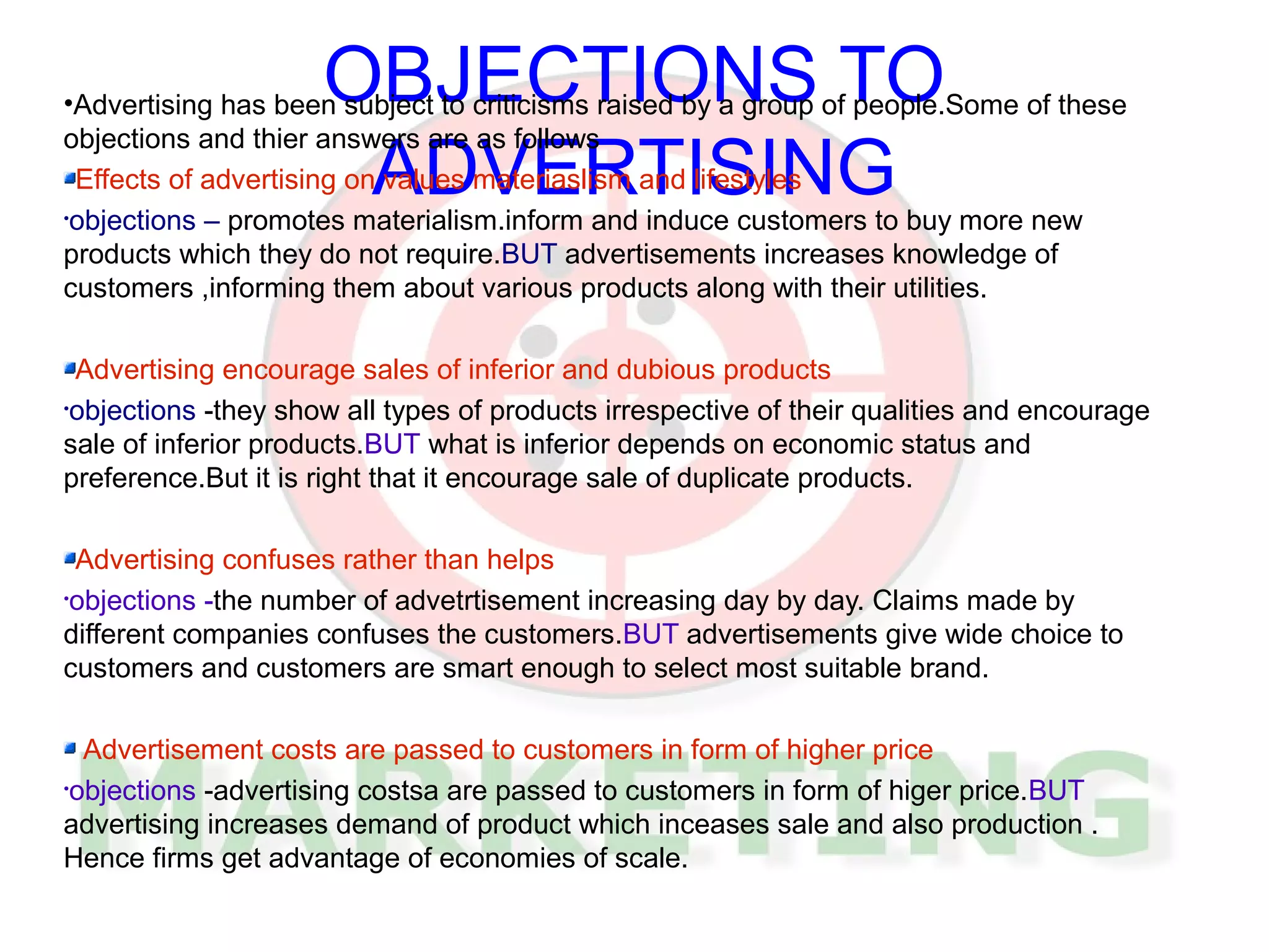 Marketing (intro,advantages,scope,marketing mixes,objections) | PPT