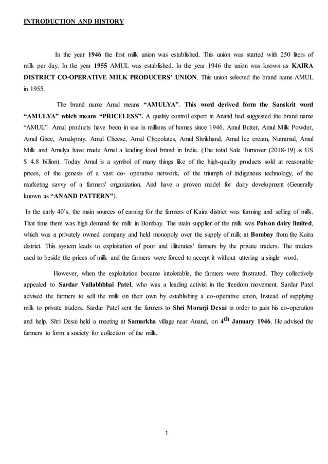 amul. introduction and history | DOCX | Agriculture | Industries