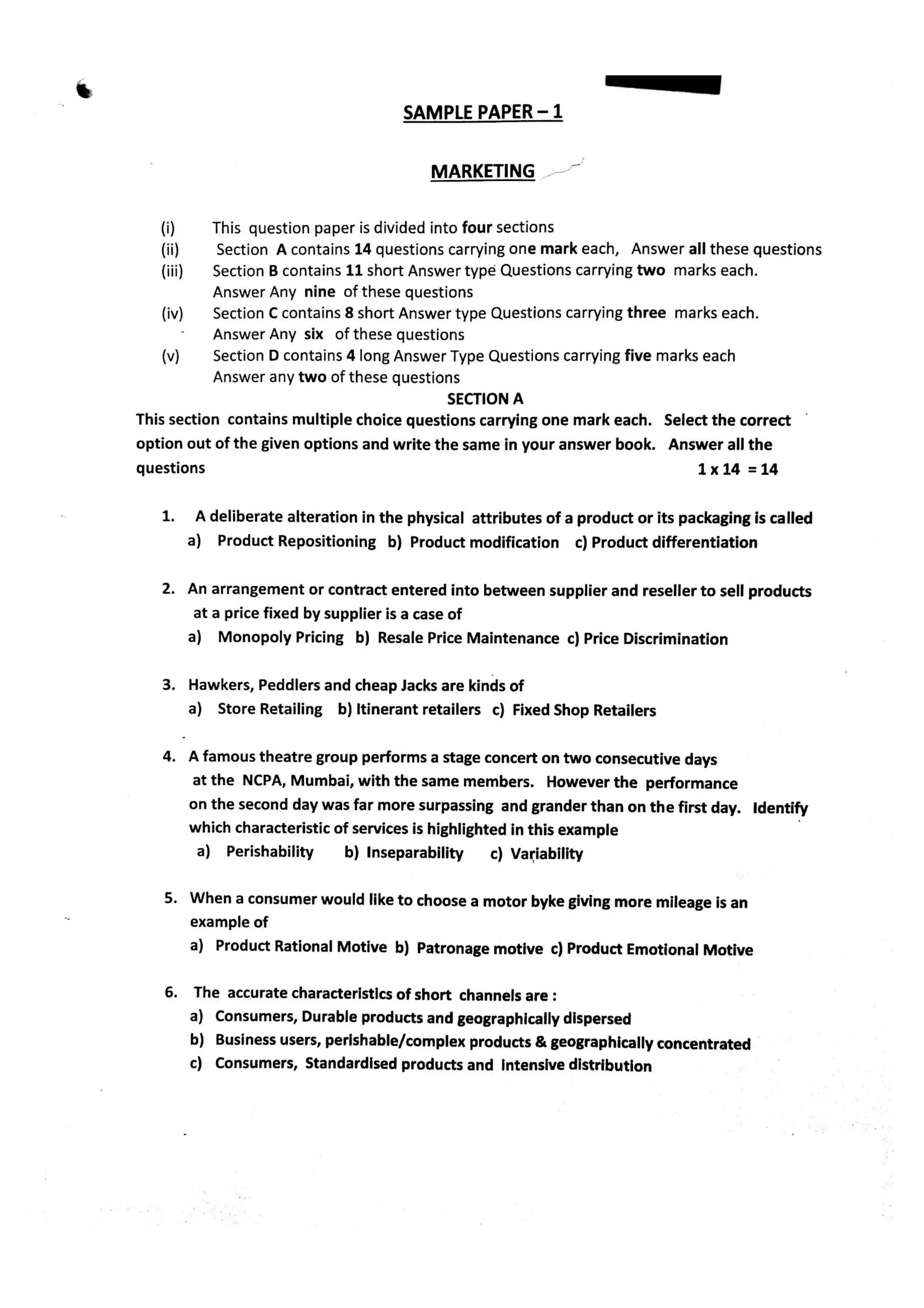 Marketing (783) Marking Scheme Sample paper CBSE Class 12 2017 | PDF