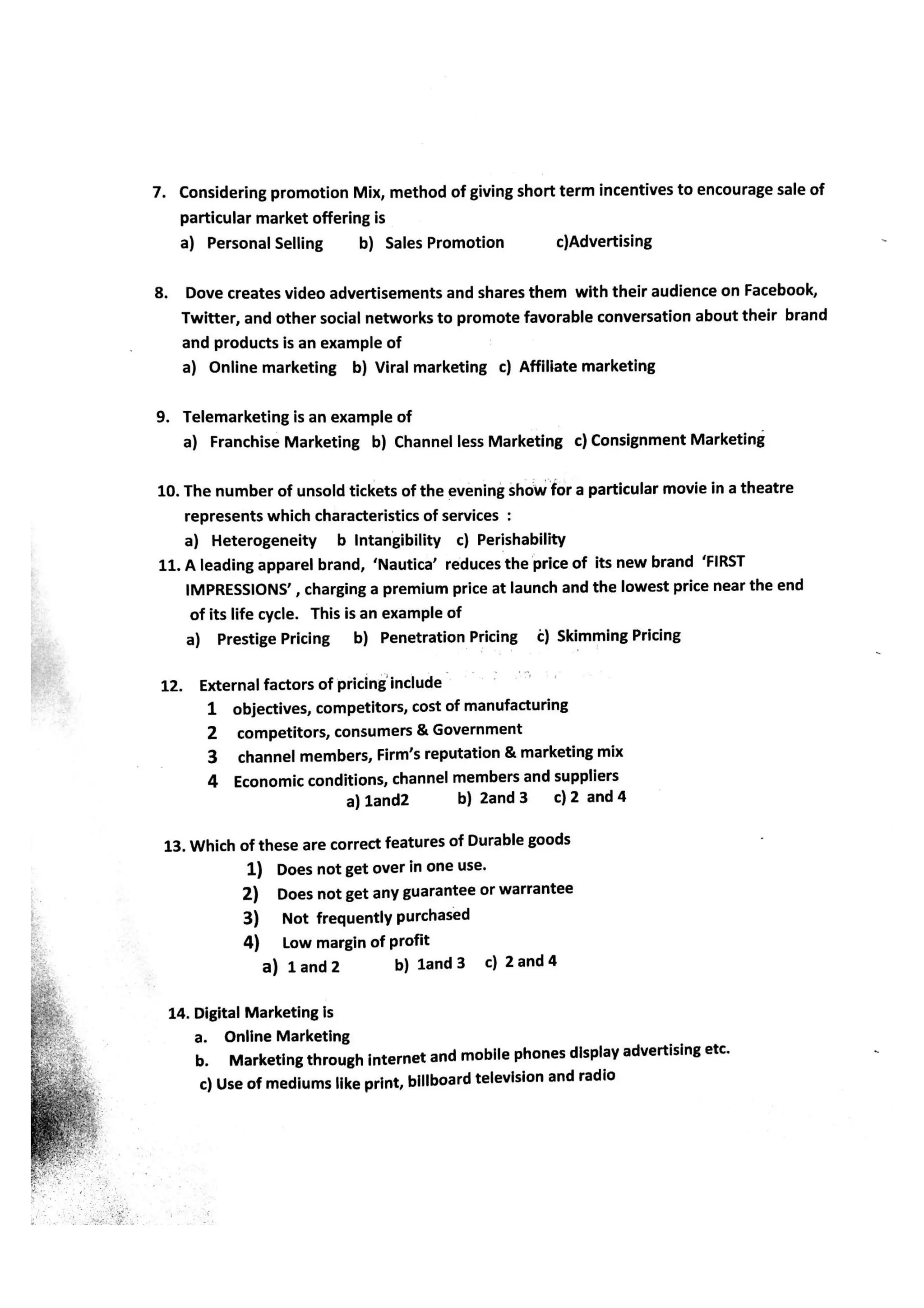Marketing (783) Marking Scheme Sample paper CBSE Class 12 2017 | PDF