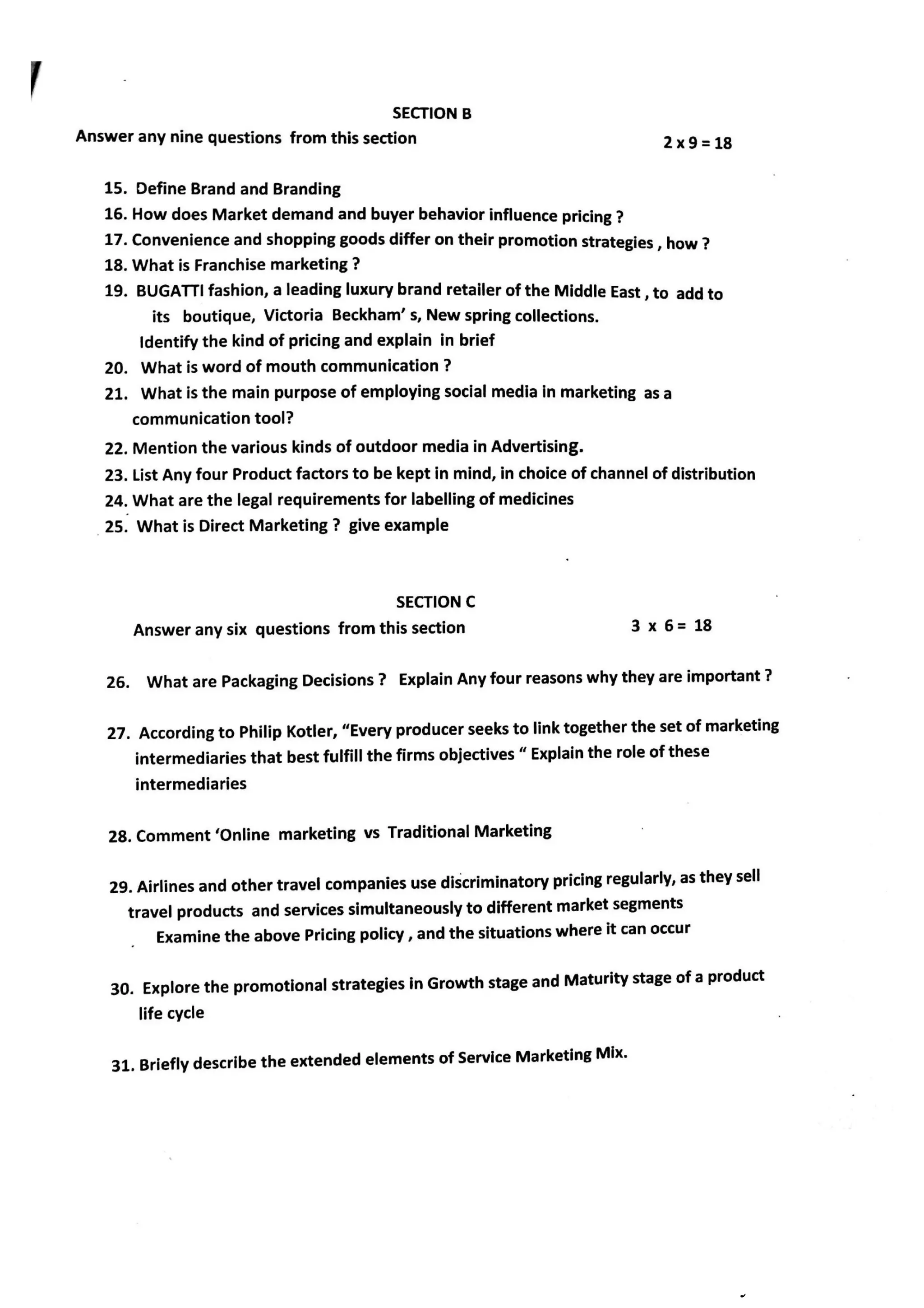 Marketing (783) Marking Scheme Sample paper CBSE Class 12 2017 | PDF