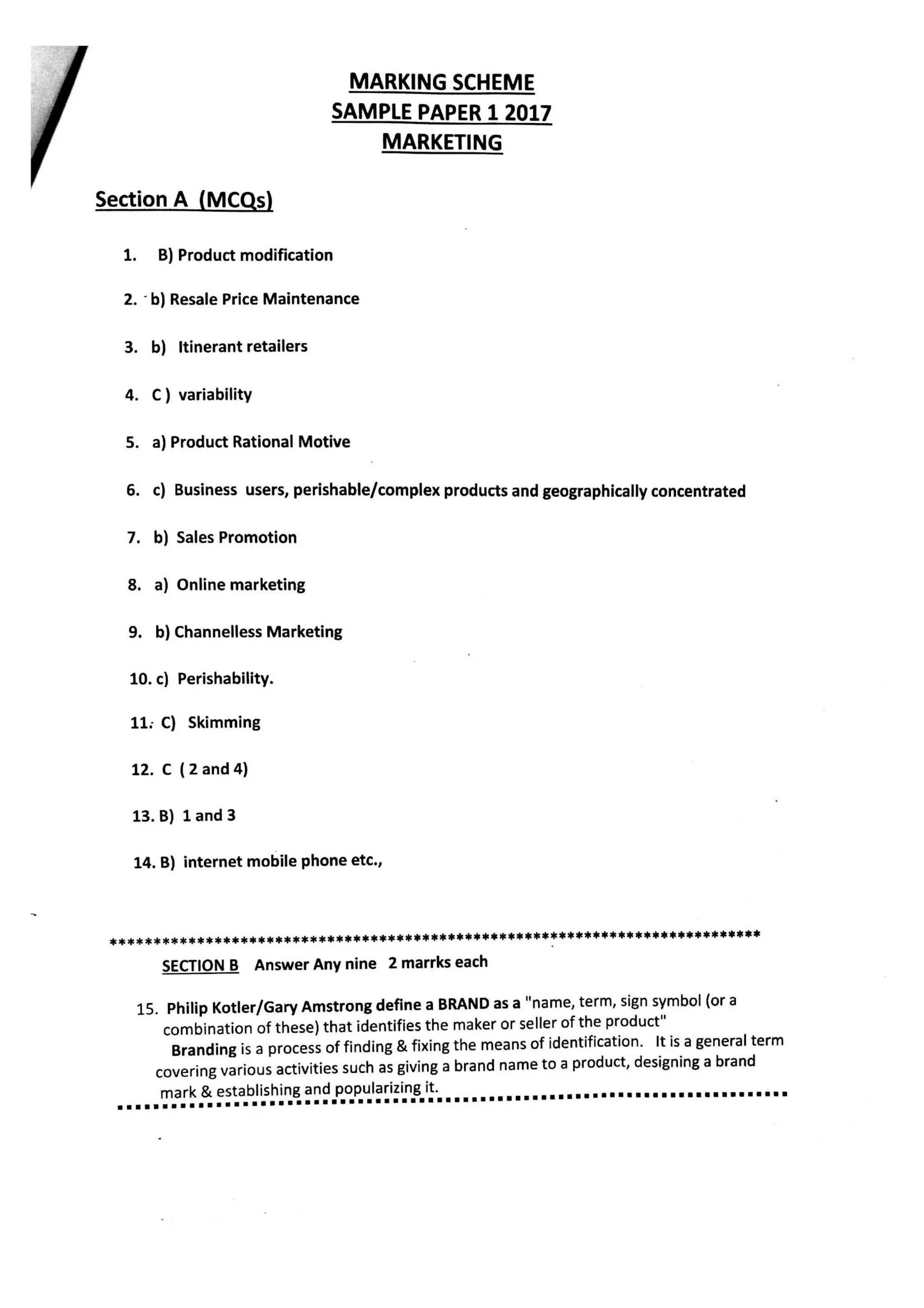 Marketing (783) Marking Scheme Sample paper CBSE Class 12 2017 | PDF