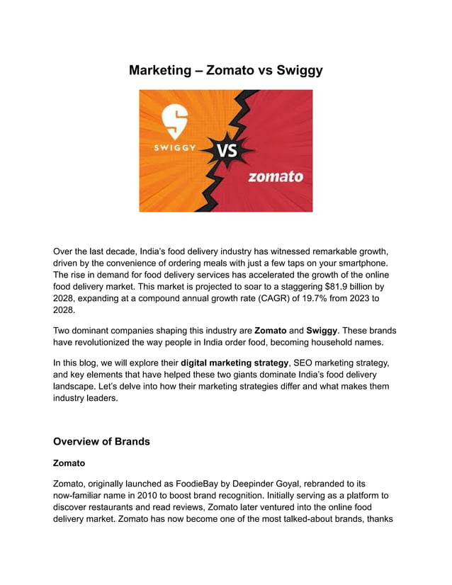 Marketing analysis– Zomato vs Swiggy.pdf | Marketing and Advertising | Business