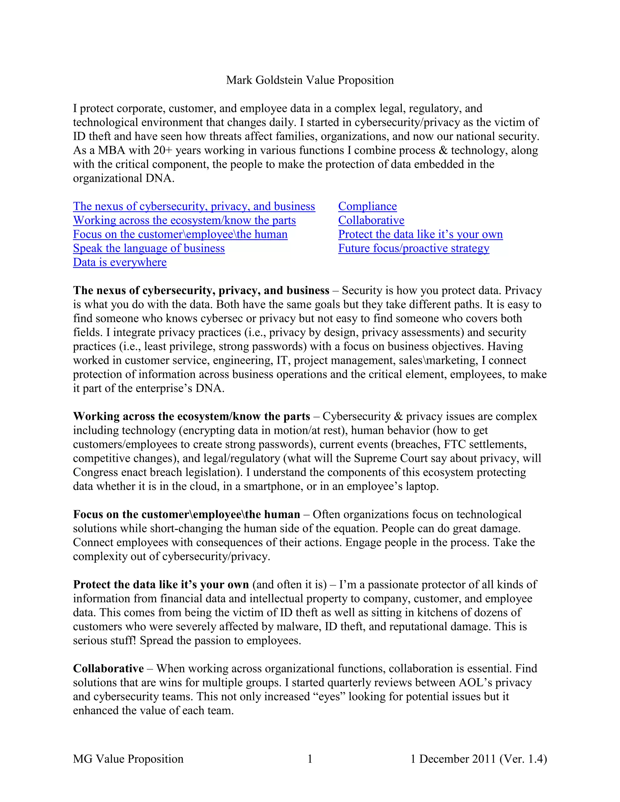 Mark Goldstein Value Proposition | PDF