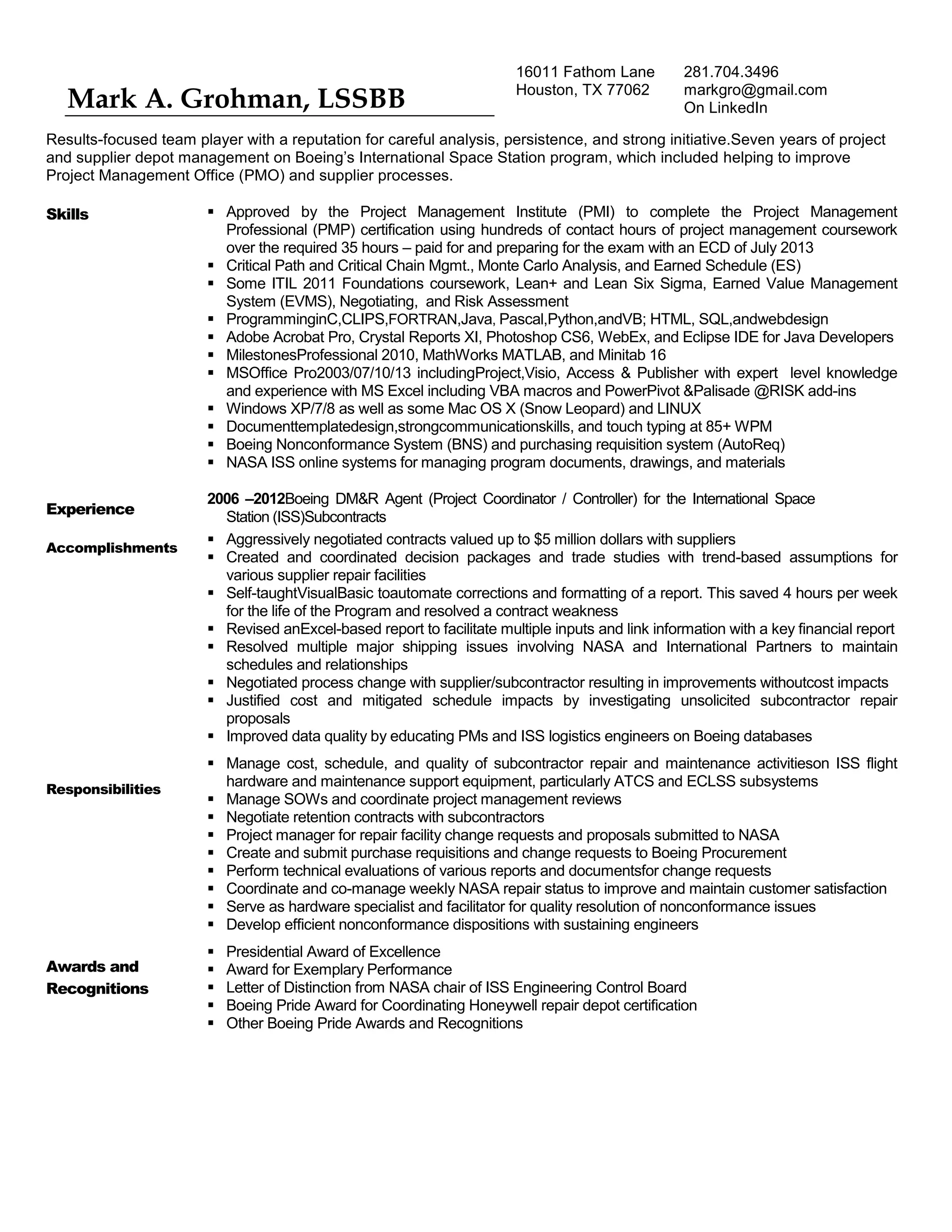 Mark Grohman Resume with Recommendation | DOCX