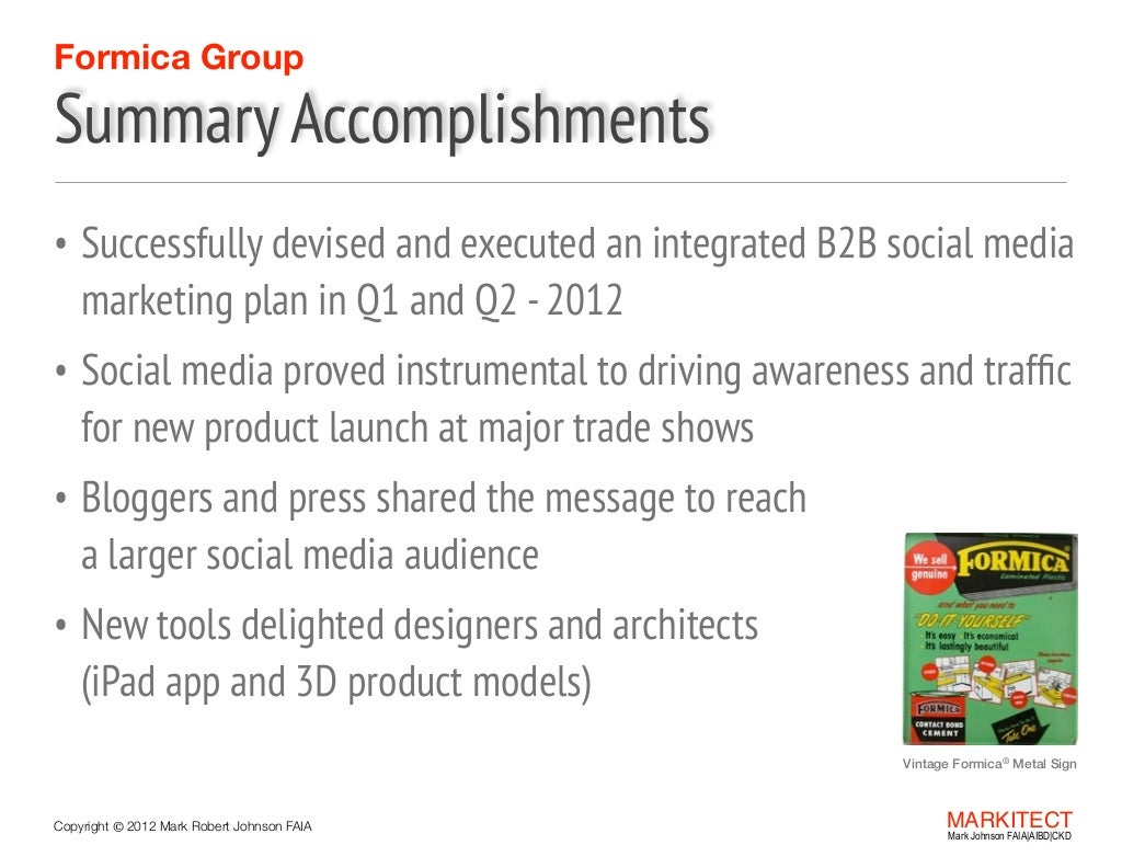 Formica Group Summary Accomplishments