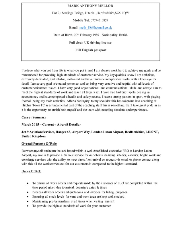 Mark Mellor CV | DOCX | Air Travel | Travel Type