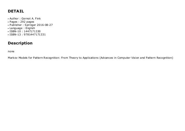 Markov Models For Pattern Recognition From Theory To Applications Advances In Computer Vision