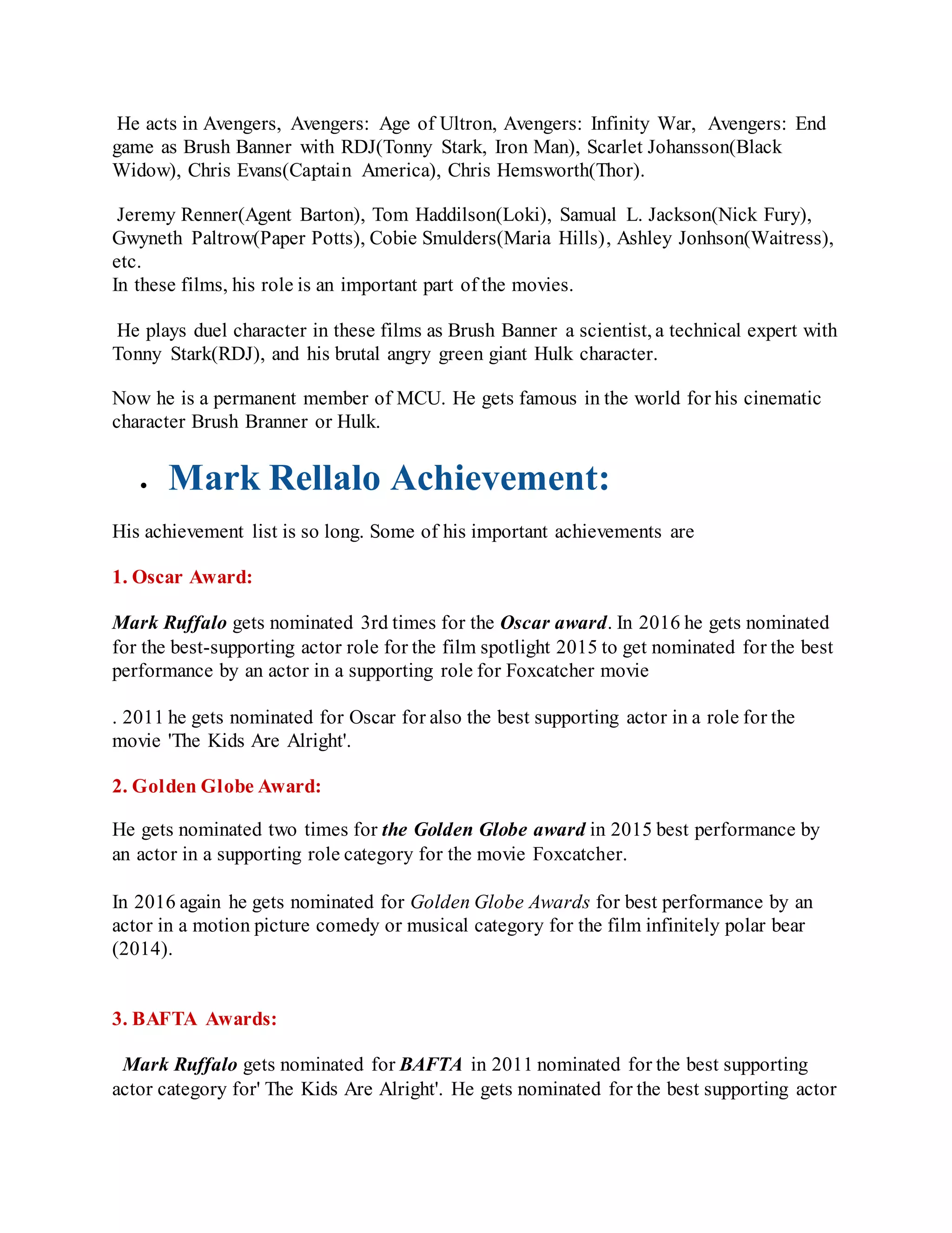 Mark Ruffalo | Biography, Upcoming Movies, Net Worth | PDF