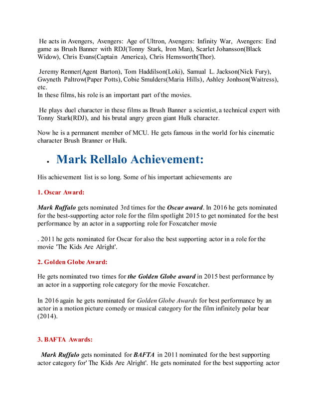 Mark Ruffalo | Biography, Upcoming Movies, Net Worth | PDF