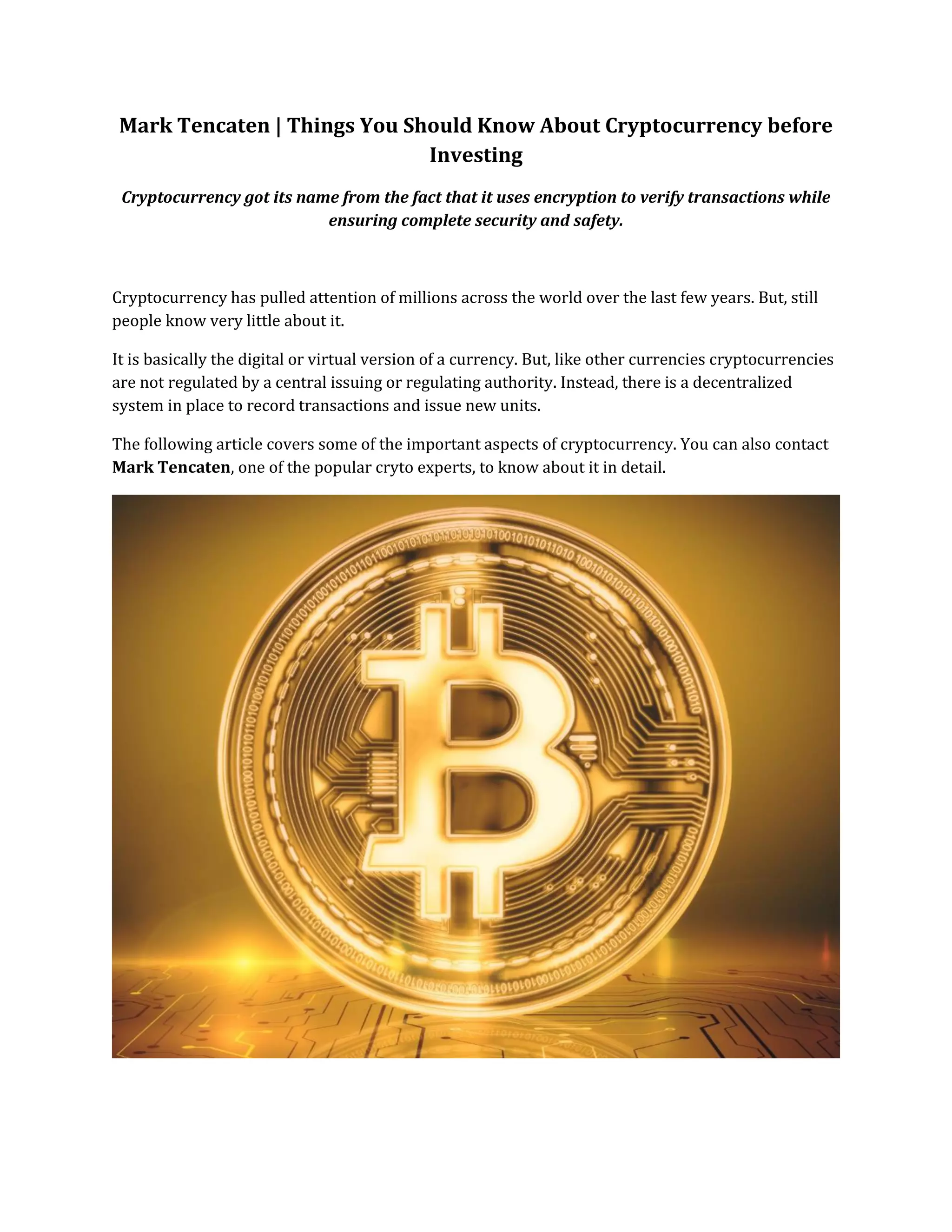 Mark Tencaten | Things You Should Know About Cryptocurrency before Investing | PDF