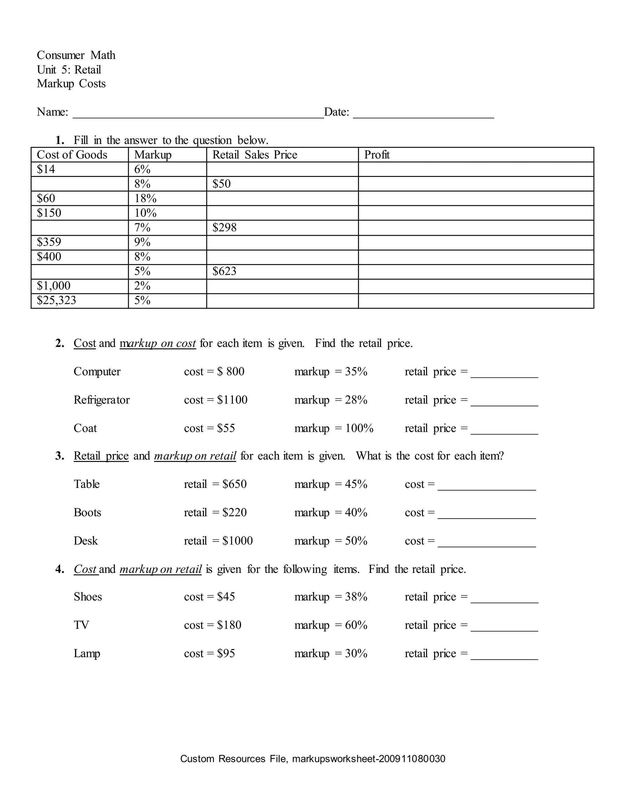 Markups worksheet | DOC