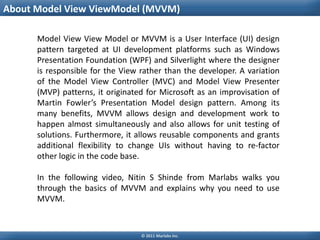Marlabs Introduction to Model View ViewModel (MVVM) | PPTX | Computing | Technology & Computing