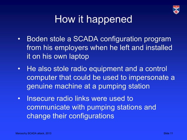 Maroochy water breach | PPTX | Information and Network Security | Computing