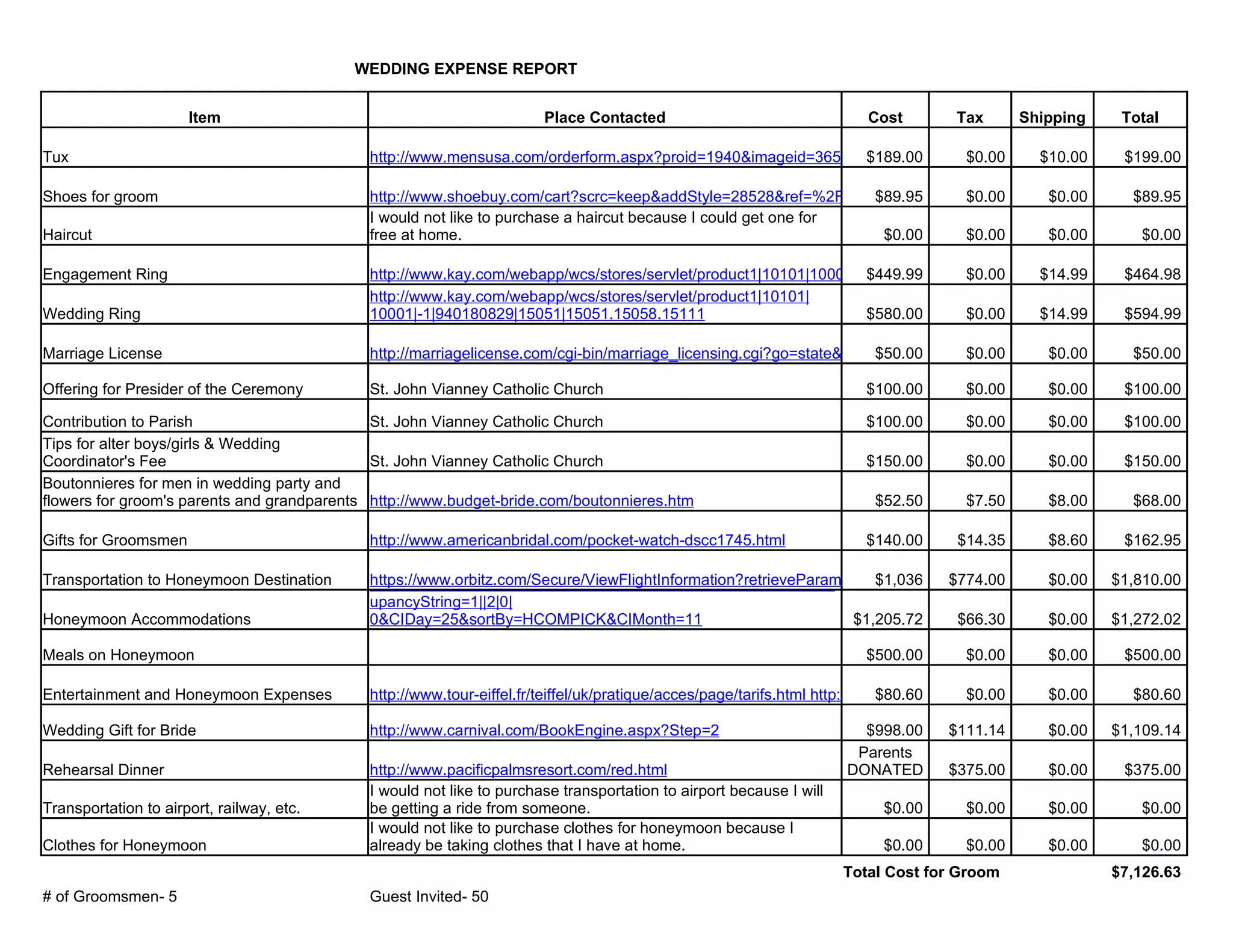 Marriage Expense Report | XLS