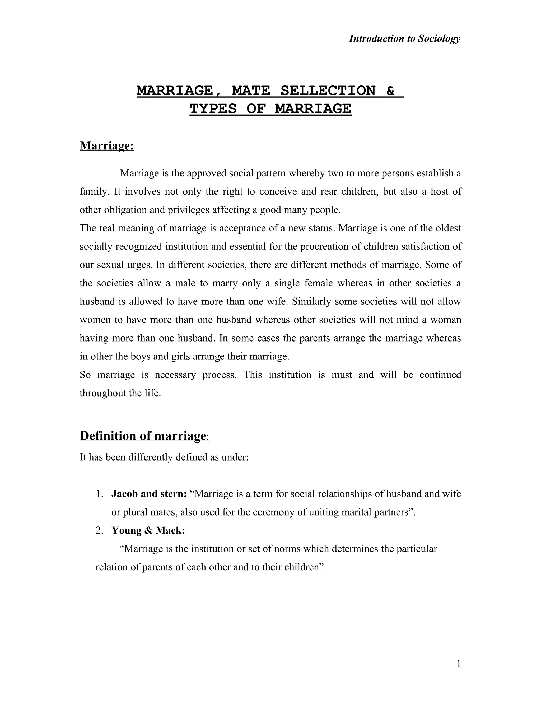 Marriage, mate sellection and types of marriage | DOC