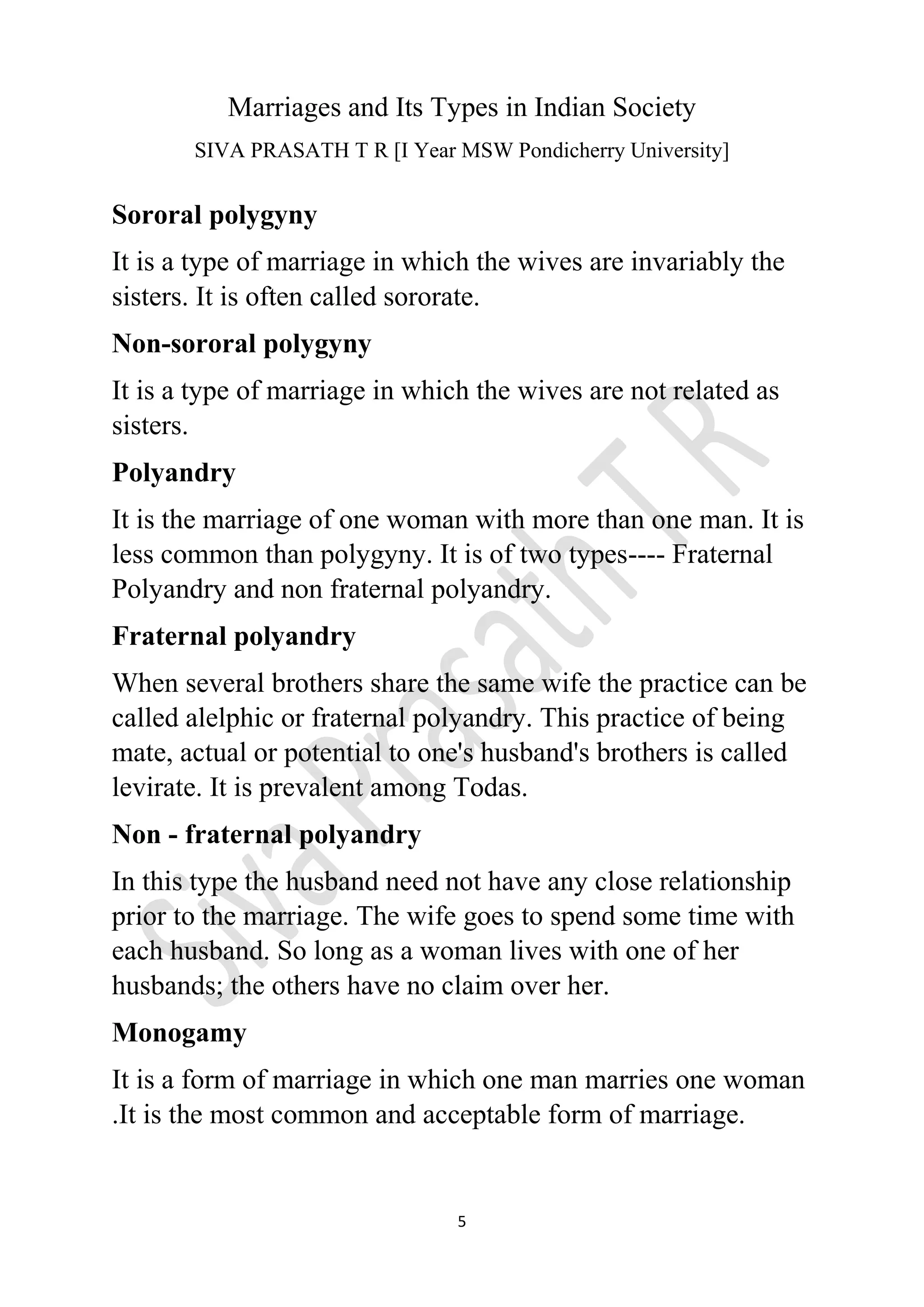 Marriages Institutions and its types in Indian society | PDF