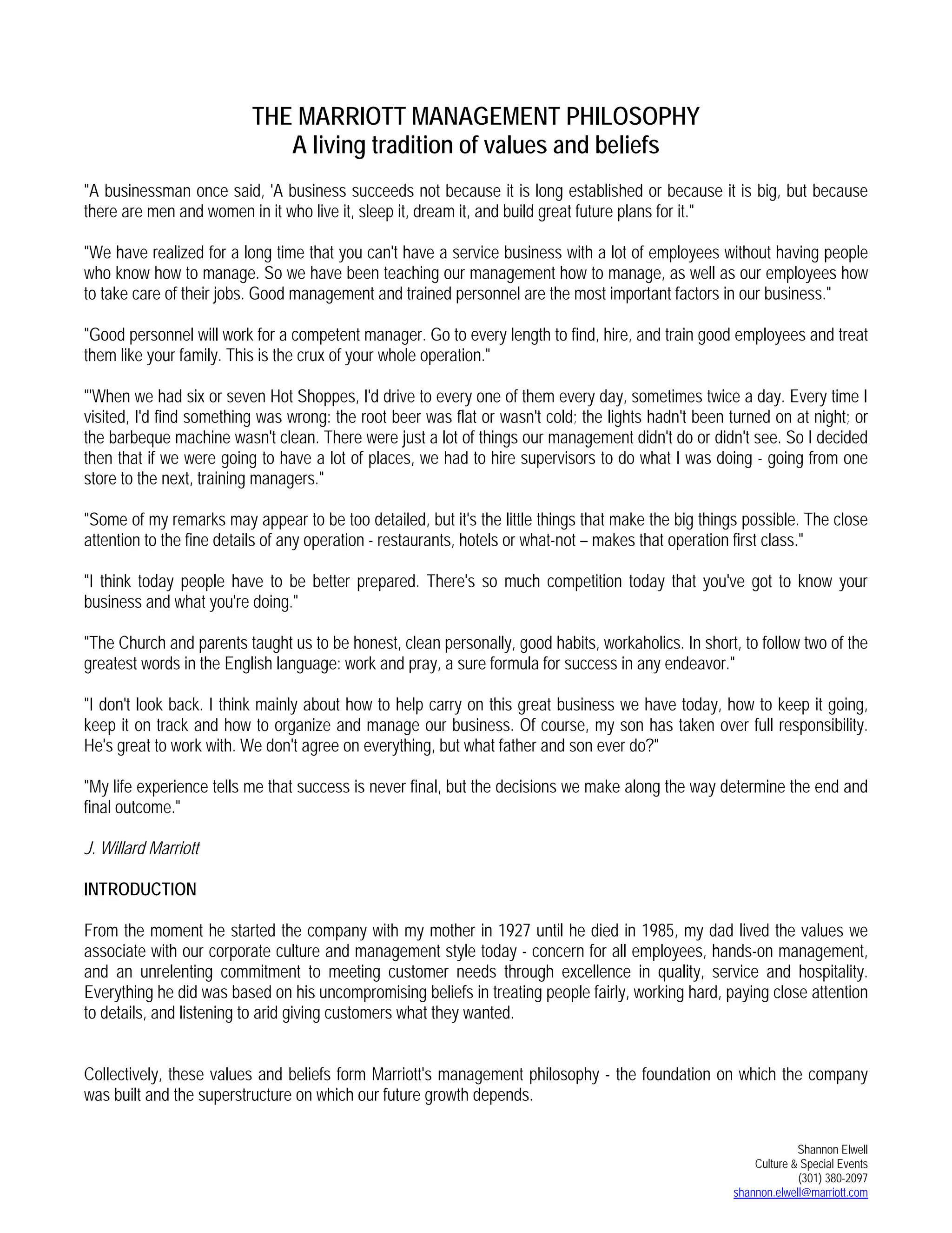 Marriott Management Philosophy | PDF