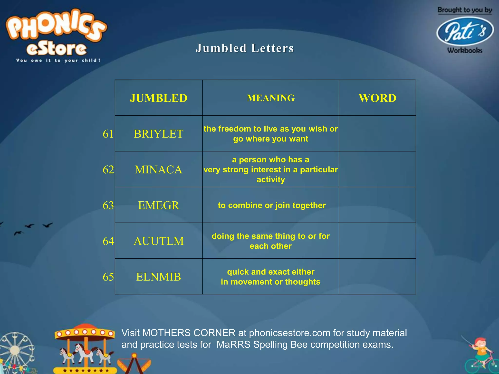 SPELL BEE ACADEMY ... Jumbled Letters 1 : ...Sample questions for spell ...