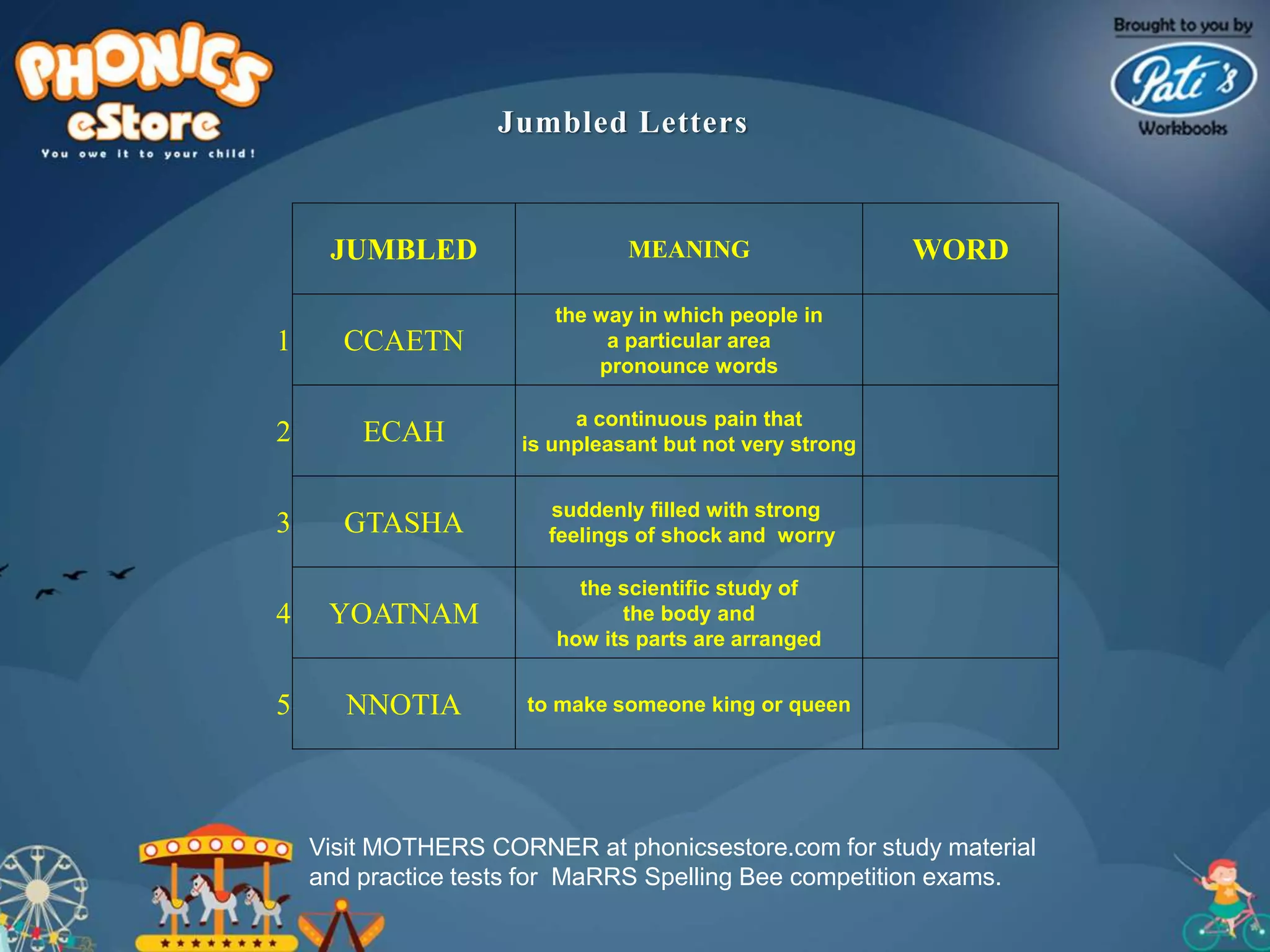 SPELL BEE ACADEMY ... Jumbled Letters 1 : ...Sample questions for spell ...