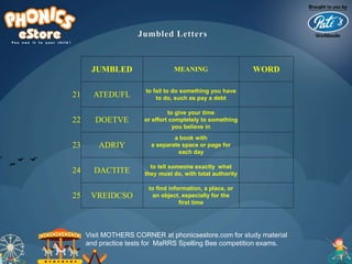 SPELL BEE ACADEMY ... Jumbled Letters 1 : ...Sample questions for spell ...