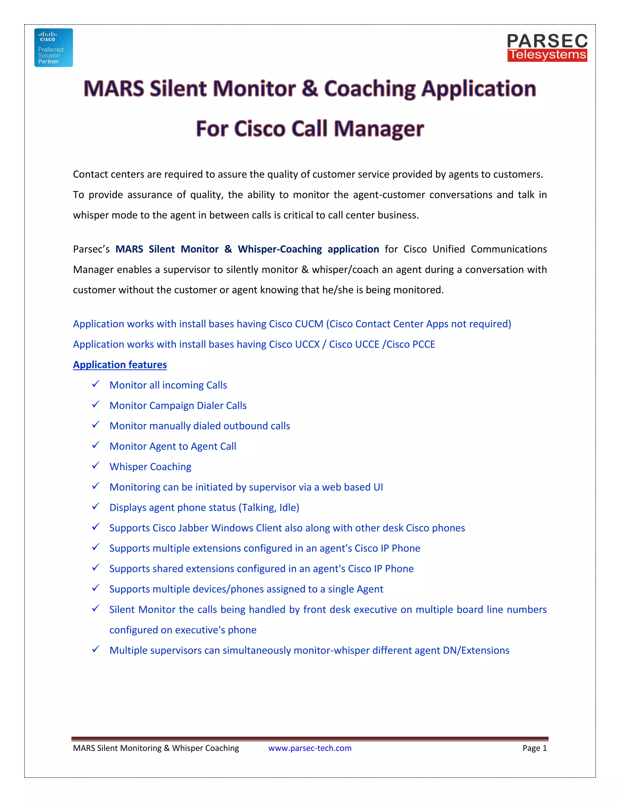 MARS Silent Monitoring & Whisper for Cisco CUCM | PDF