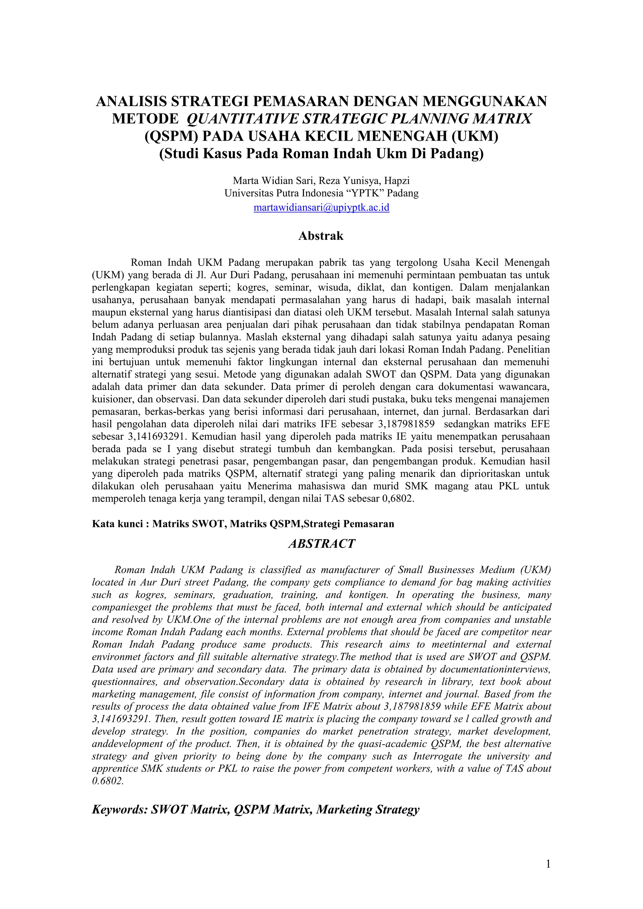 ANALISIS STRATEGI PEMASARAN DENGAN MENGGUNAKAN METODE QUANTITATIVE ...