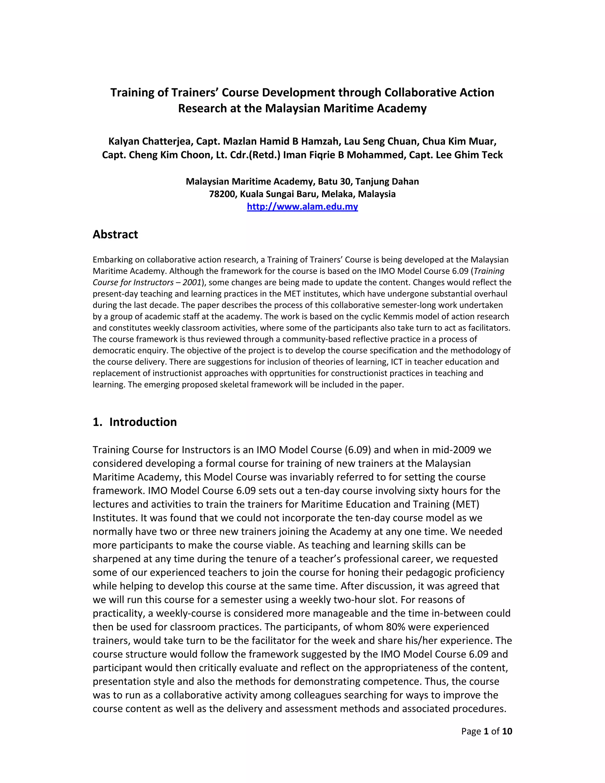 Training Of Trainers' Course @ Malaysian Maritime Academy | PDF